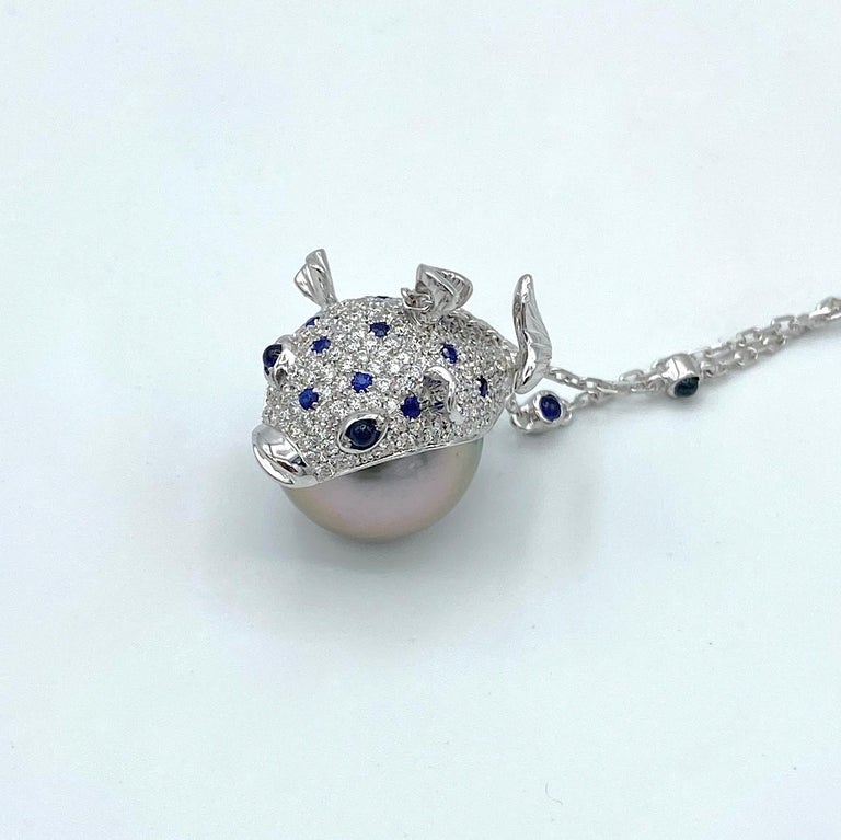 Pendant/Necklace Puffer Fish White Diamond Blue Sapphire Tahiti Pearl ...