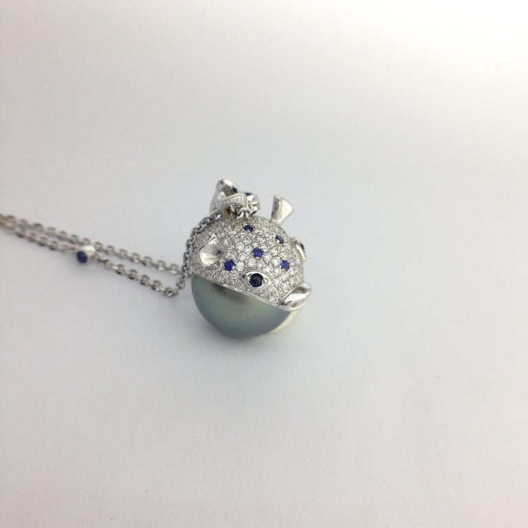 Pendant/Necklace Puffer Fish White Diamond Blue Sapphire Tahiti Pearl ...