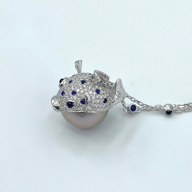 Pendant/Necklace Puffer Fish White Diamond Blue Sapphire Tahiti Pearl ...