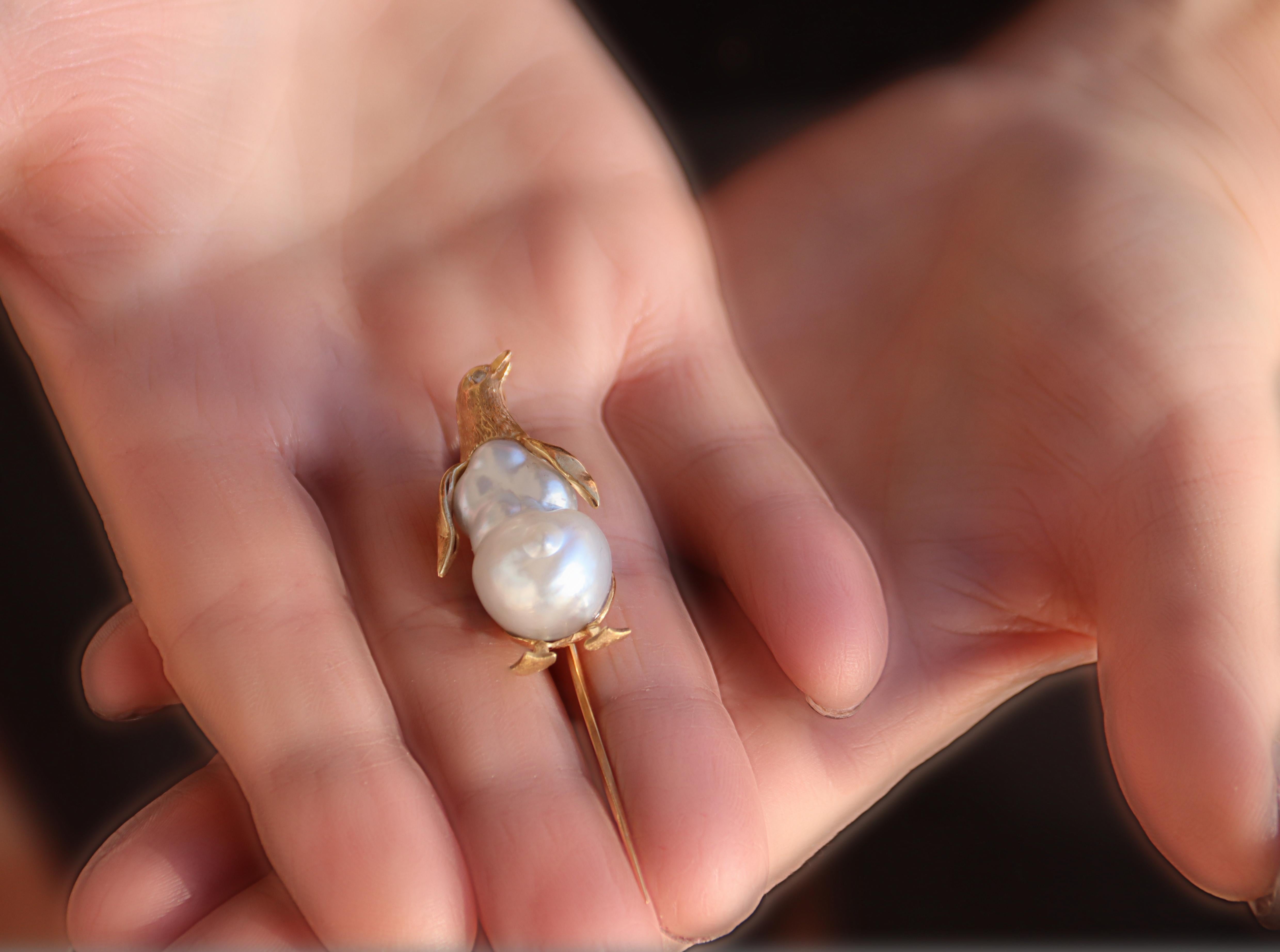 Penguin 18 Karat Yellow Gold Diamond Pearl Penguin Brooch For Sale at ...