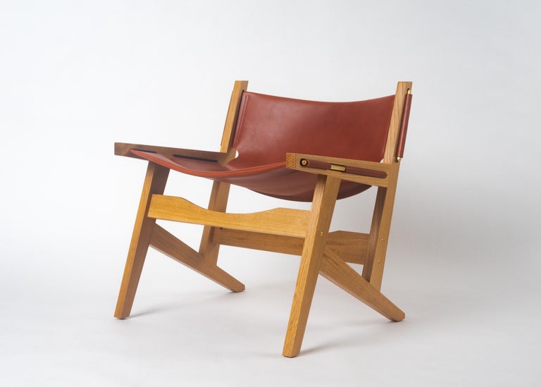 Peninsula Lounge Chair, Solid Wood Leather Sling Chair with Brass ...