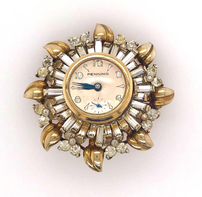 Pennino Sunburst Sterling Silver Vermeil Rhinestone Watch Brooch Pin ...