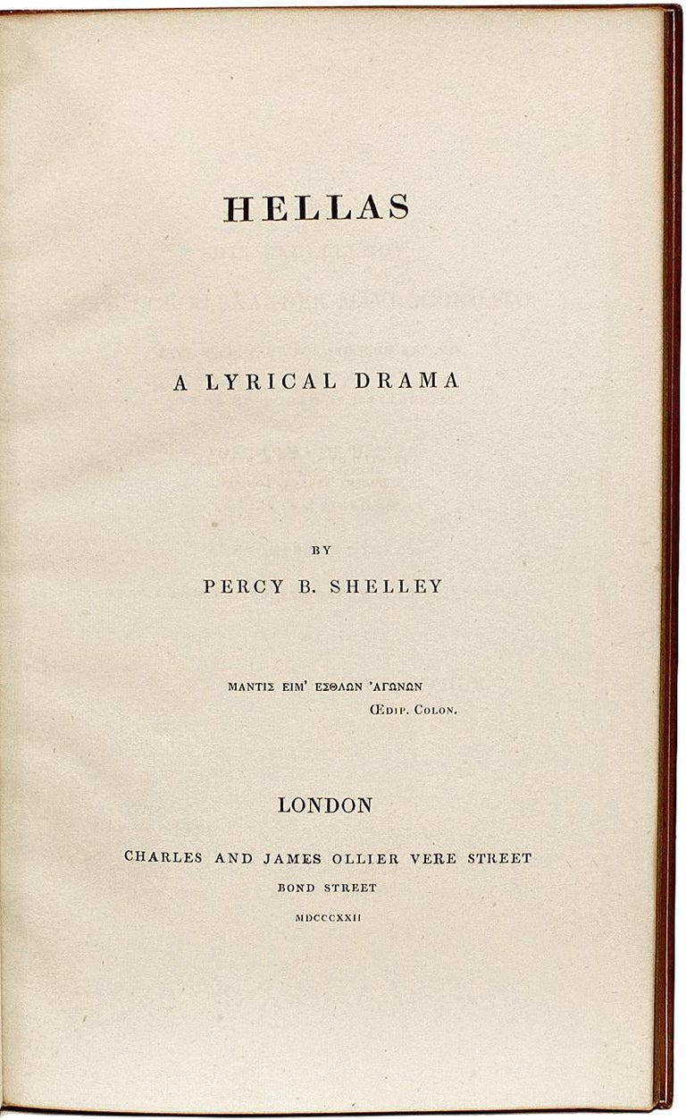 Percy Bysshe Shelley, Hellas, a Lyrical Drama, First Edition 1822 the ...