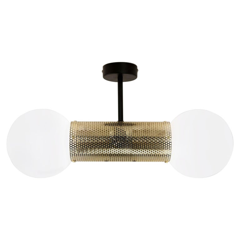 Perf Double Pendant Light, Brass Perforated Tube, Glass Round Orb ...