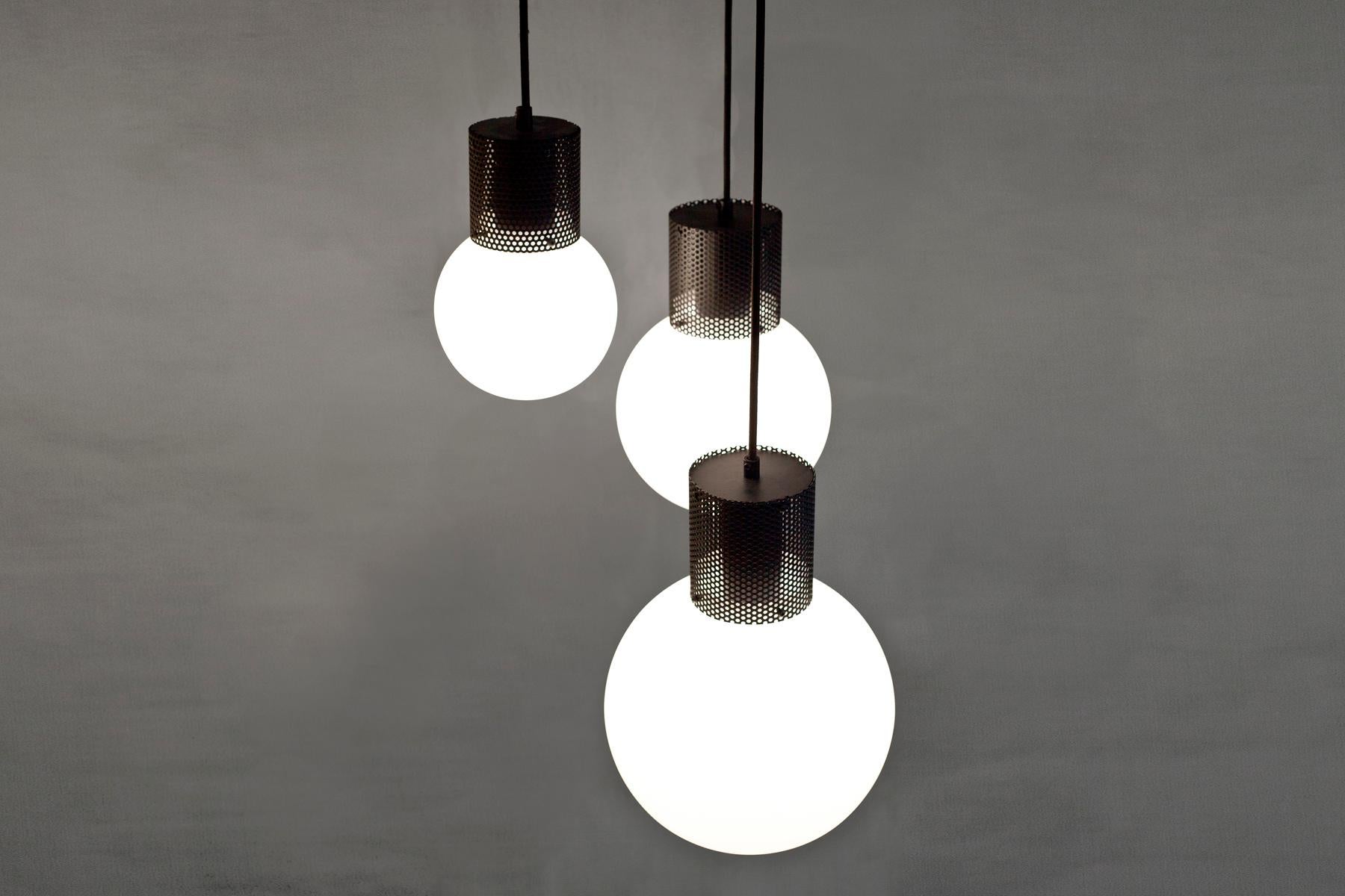 Perf Pendant Light Small-Black Perforated Tube, Glass Round Orb Shade ...