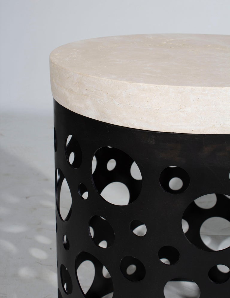 Perforated Steel Side Tables with Travertine Stone Top at 1stDibs