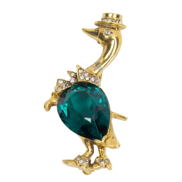 Performing Faux Emerald Belly Goose Sterling Silver Brooch Pin at 1stDibs