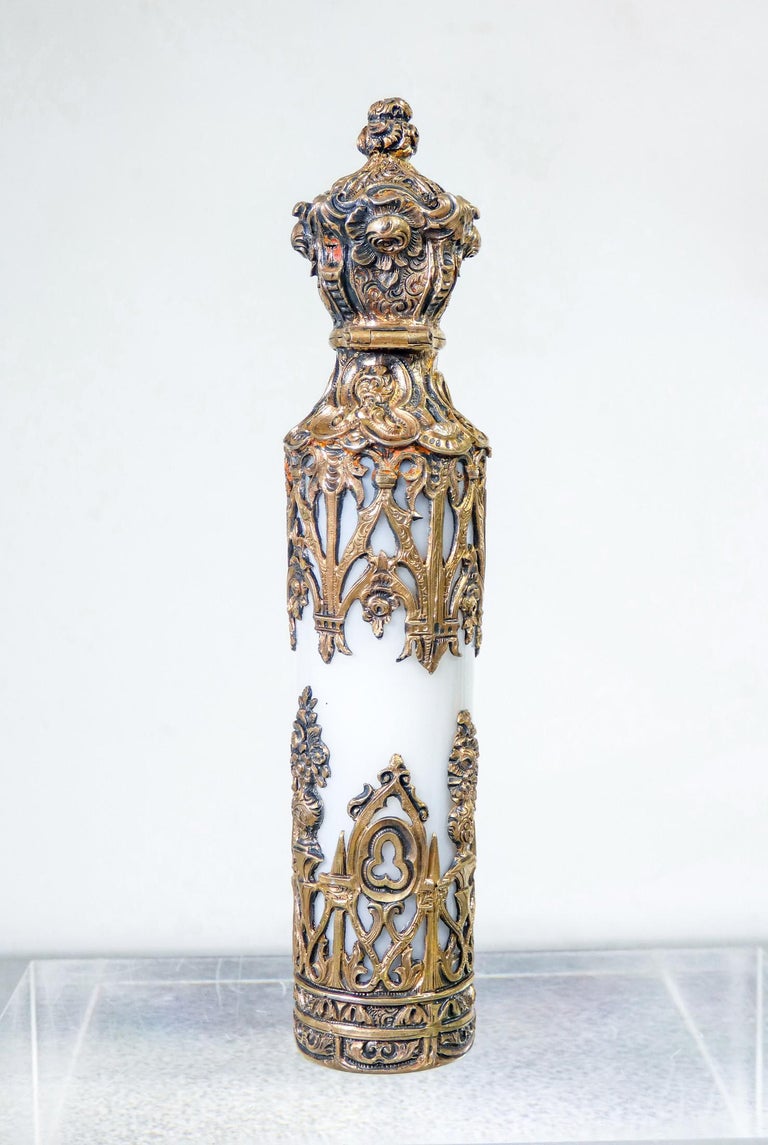 Perfume Holder Vial in Neo-Gothic Style, Vermeil Silver, Opaline Glass ...