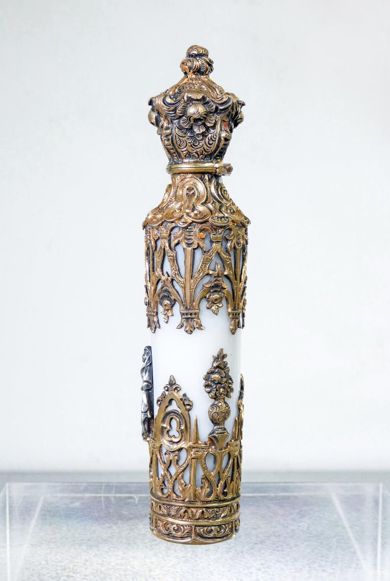 Perfume Holder Vial in Neo-Gothic Style, Vermeil Silver, Opaline Glass ...