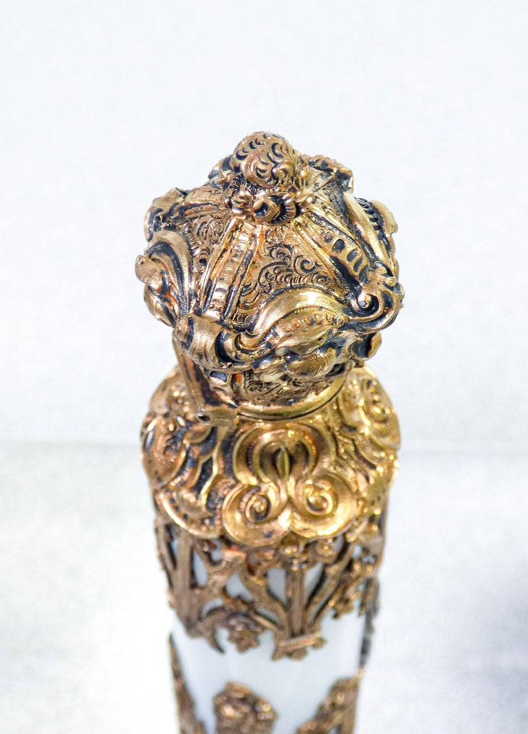 Perfume Holder Vial in Neo-Gothic Style, Vermeil Silver, Opaline Glass ...