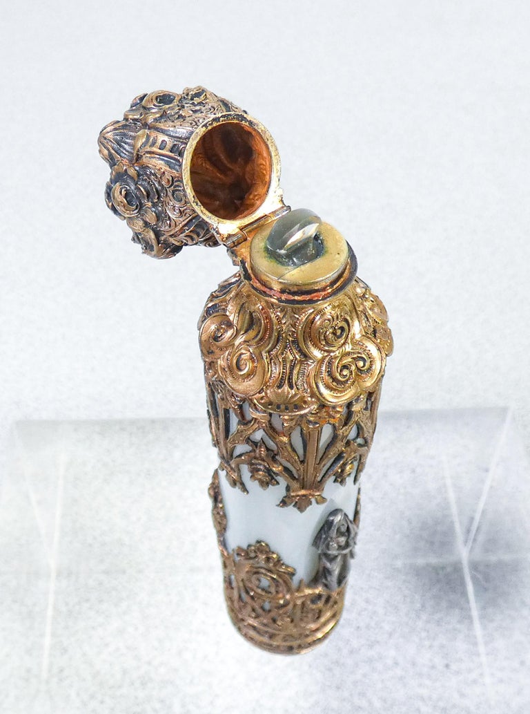 Perfume Holder Vial in Neo-Gothic Style, Vermeil Silver, Opaline Glass ...