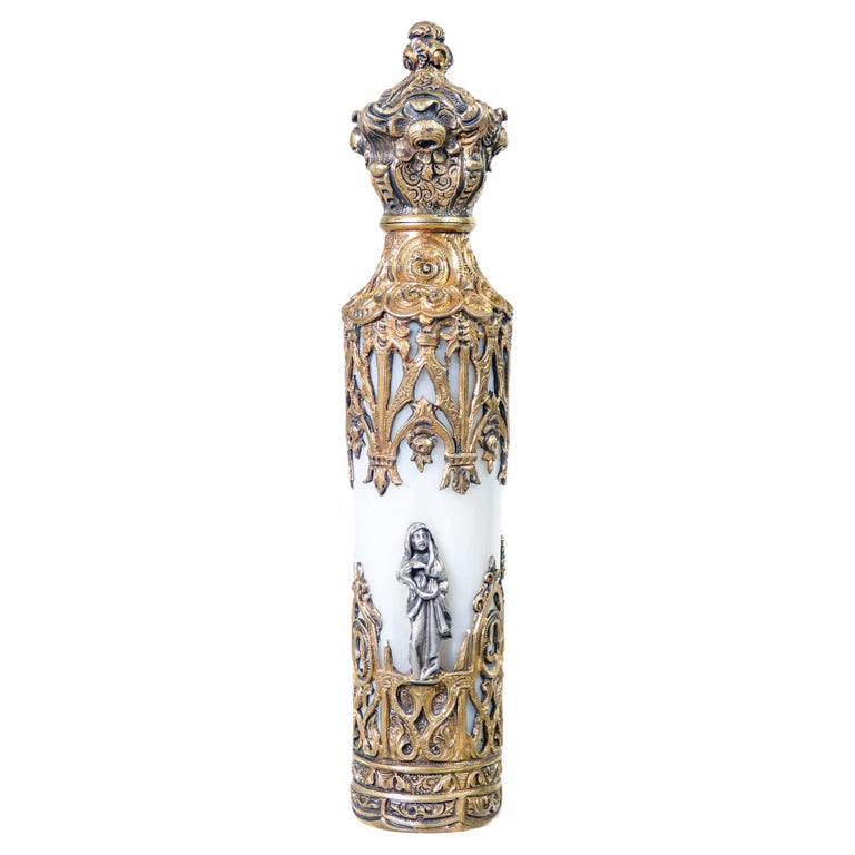 Perfume Holder Vial in Neo-Gothic Style, Vermeil Silver, Opaline Glass ...