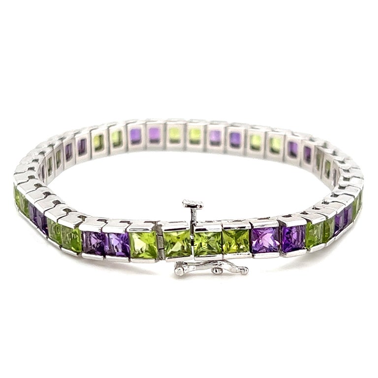 Peridot and Amethyst Channel Set Line Bracelet in 14K Gold For Sale at ...