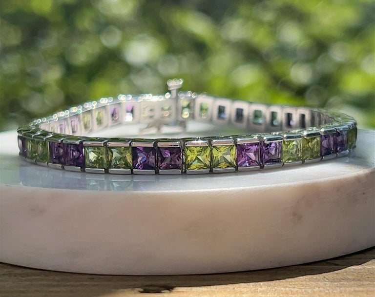 Peridot and Amethyst Channel Set Line Bracelet in 14K Gold For Sale at ...