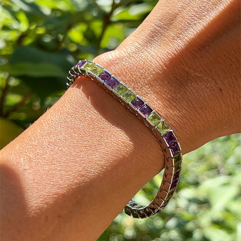 Peridot and Amethyst Channel Set Line Bracelet in 14K Gold For Sale at ...