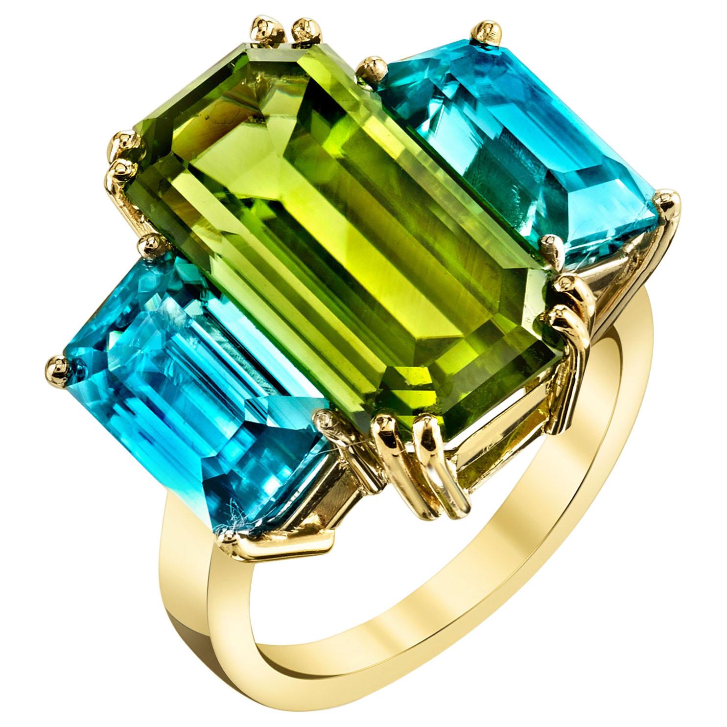 Peridot and Blue Zircon Three-Stone Cocktail Ring in Yellow and White ...