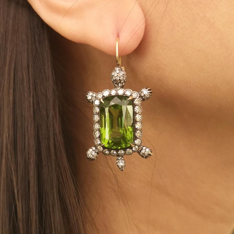 Peridot and Diamond Turtle Earrings at 1stDibs