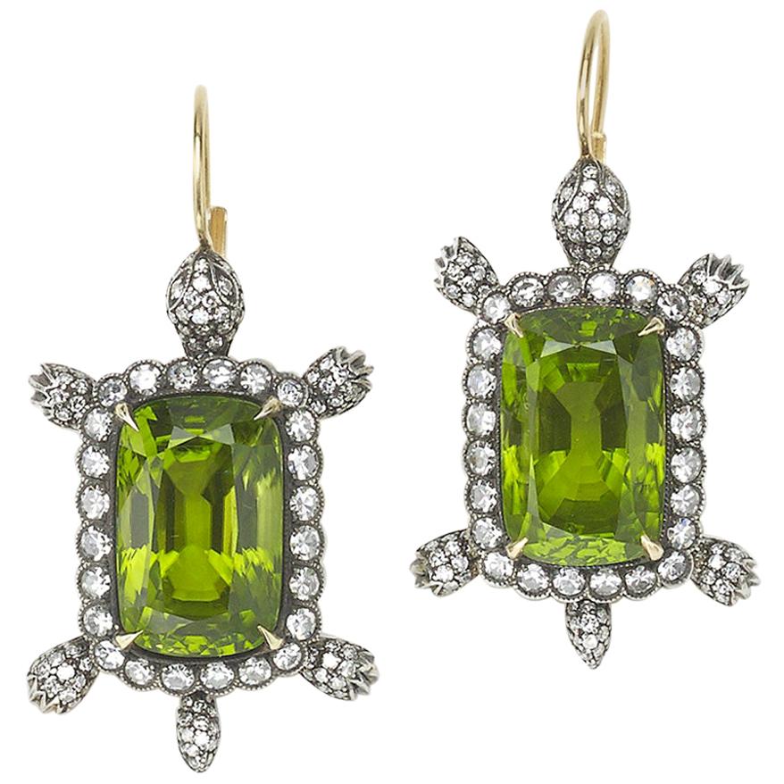 Peridot and Diamond Turtle Earrings at 1stDibs