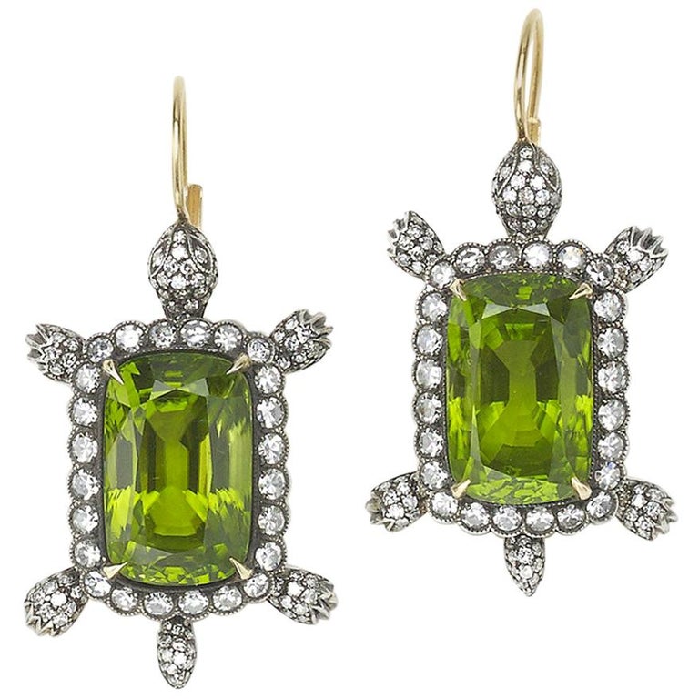 Peridot and Diamond Turtle Earrings at 1stDibs