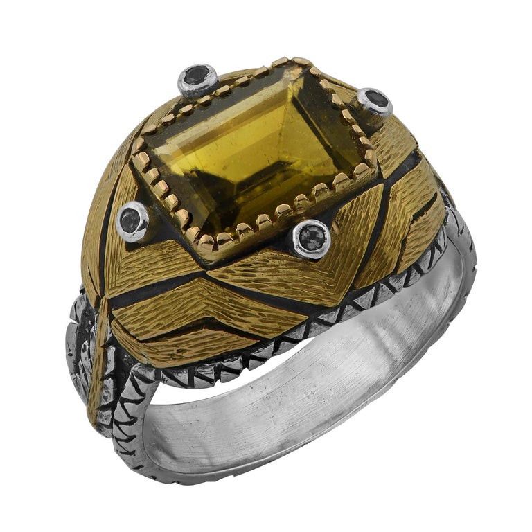 Peridot Blue Sapphire 18k Gold Silver Cocktail Ring For Sale at 1stDibs