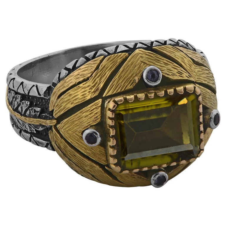 Peridot Blue Sapphire 18k Gold Silver Cocktail Ring For Sale at 1stDibs