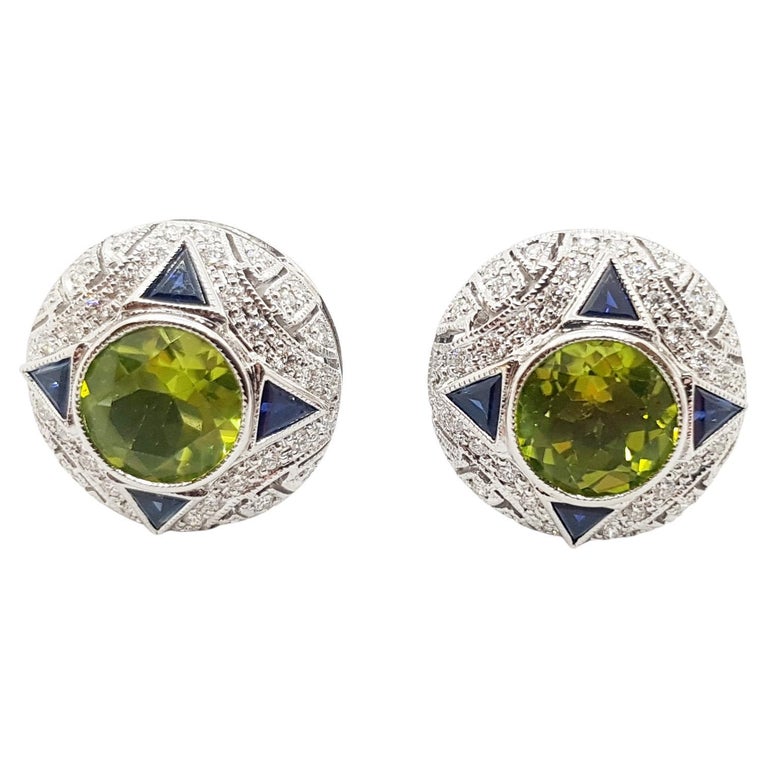 Peridot, Blue Sapphire and Diamond Earrings Set in 18 Karat White Gold ...