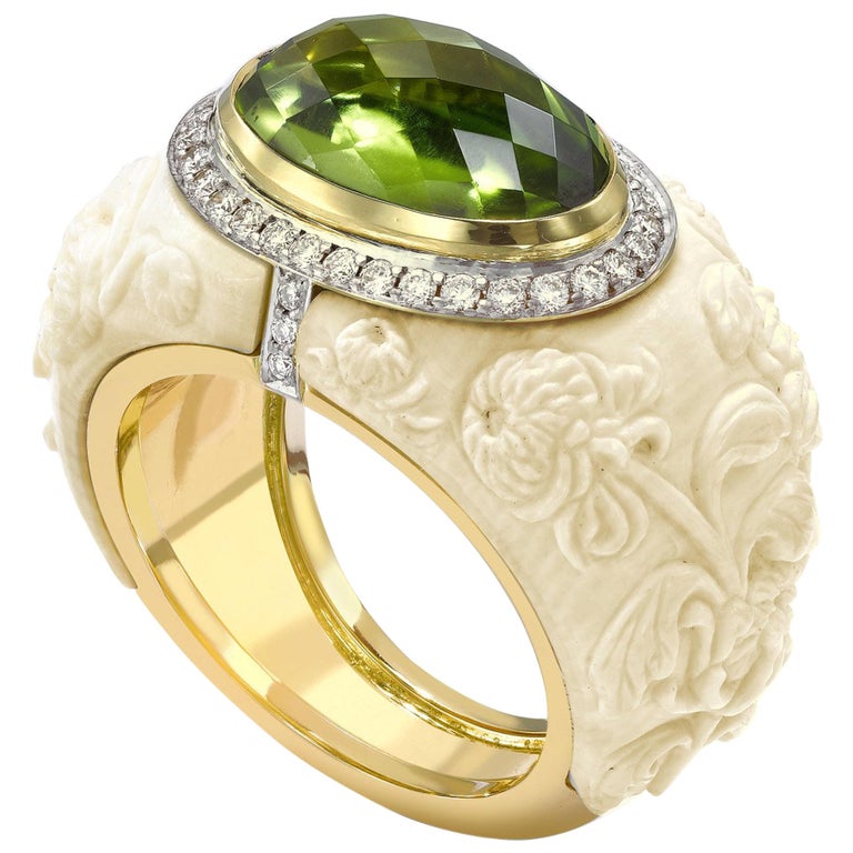 Peridot, Diamond and Carved Mammoth Bone Chrysanthemum Ring For Sale at ...