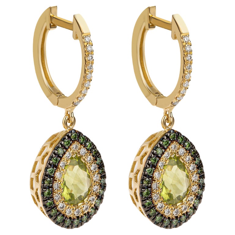Peridot Pear Shape Earrings 18Kt Yellow Gold with Blue and White Pave ...