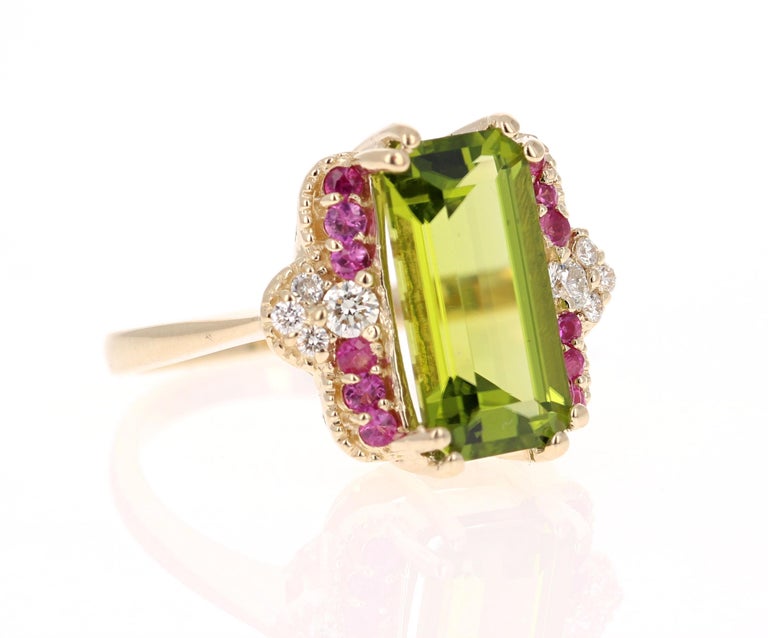 Peridot Pink Sapphire Diamond 14 Karat Yellow Gold Cocktail Ring at 1stDibs