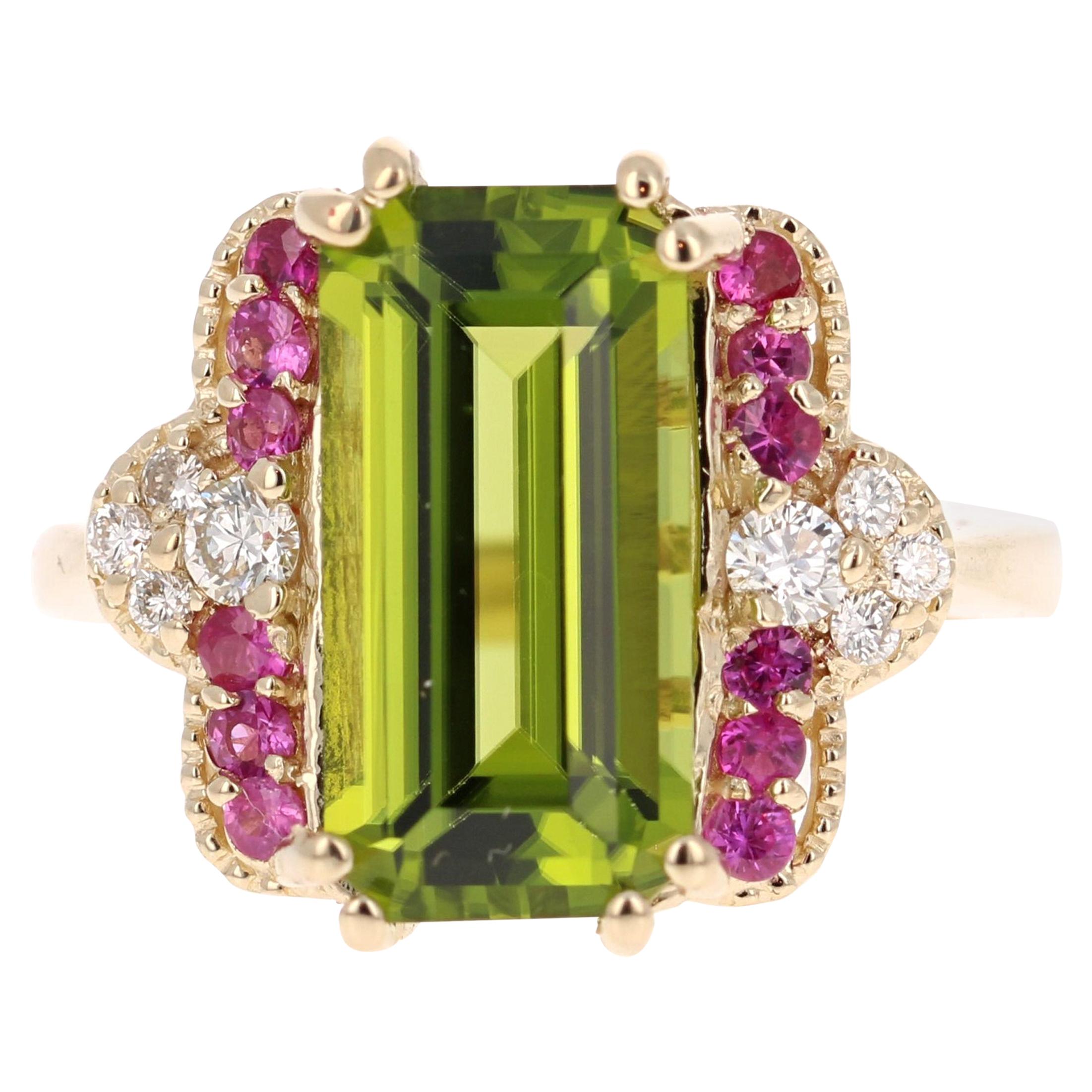Peridot Pink Sapphire Diamond 14 Karat Yellow Gold Cocktail Ring at 1stDibs