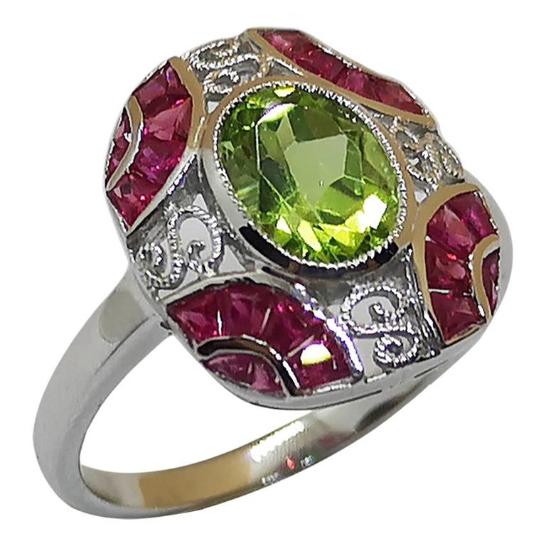 Peridot with Ruby Ring Set in 18 Karat White Gold Settings at 1stDibs