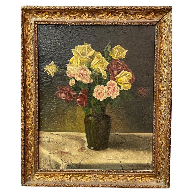 Period Signed and Dated Picture Vase of Flowers For Sale at 1stDibs