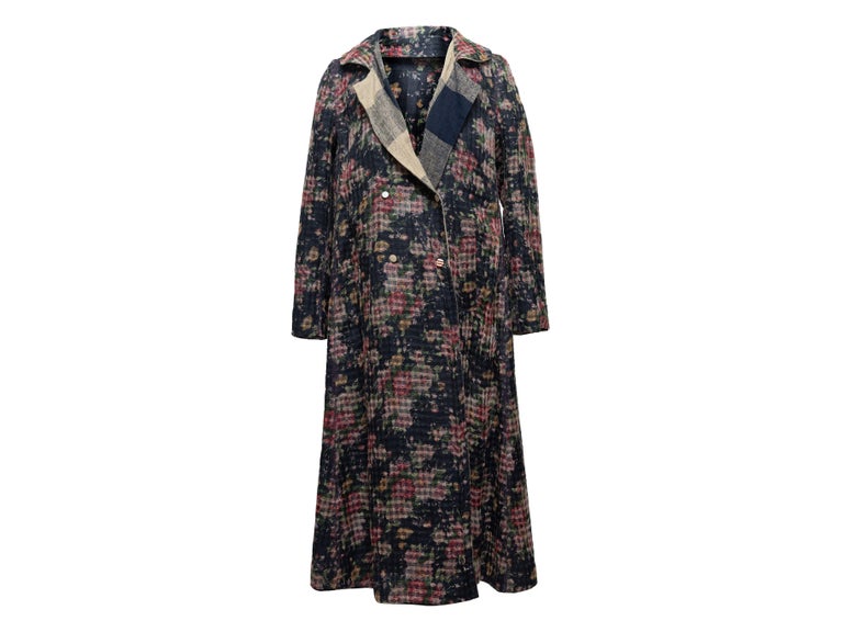 Pero Navy and Multicolor Gingham and Floral Reversible Coat For Sale at ...