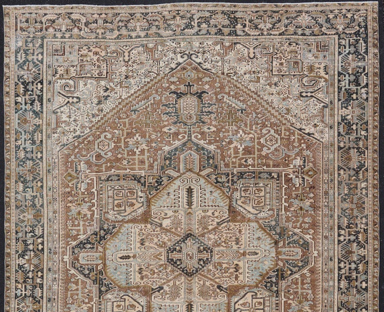Persian Antique Heriz Rug with Geometric Design in Blue's, Tan, Cream ...