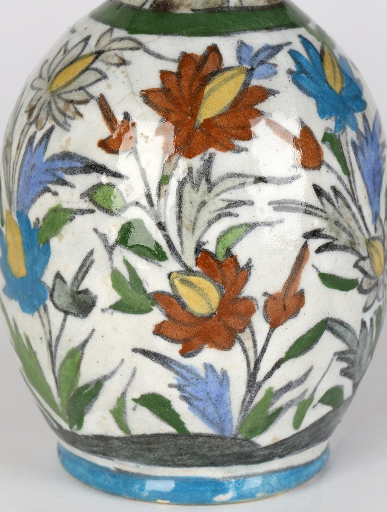 Persian Art Pottery Bottle Shape Vase Hand-Painted with Floral Designs ...