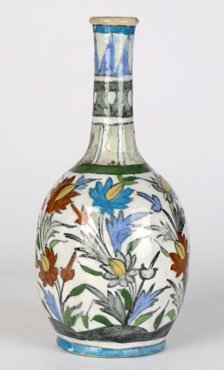 Persian Art Pottery Bottle Shape Vase Hand-Painted with Floral Designs ...