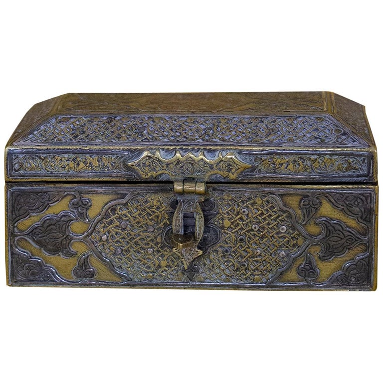 Persian Box in Brass and Silver with Calligraphy, circa 1800 at 1stDibs