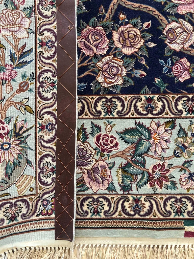 Persian Hand Knotted All-Over Floral Dark Blue Silk Isfahan Rug For ...