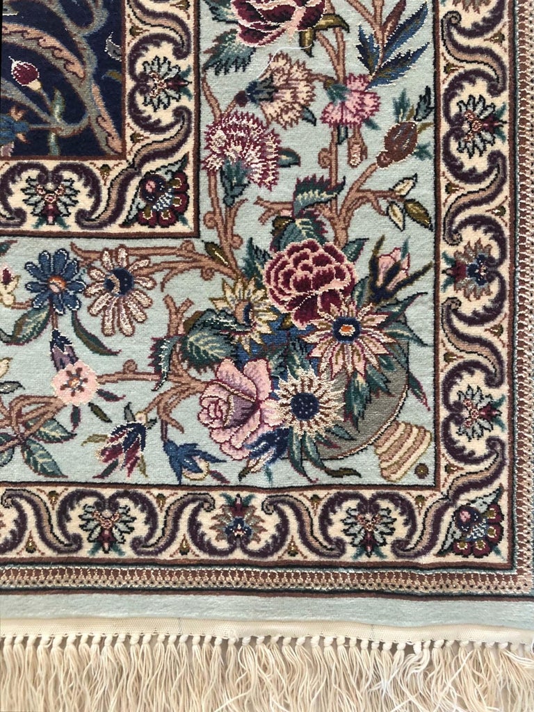 Persian Hand Knotted All-Over Floral Dark Blue Silk Isfahan Rug For ...