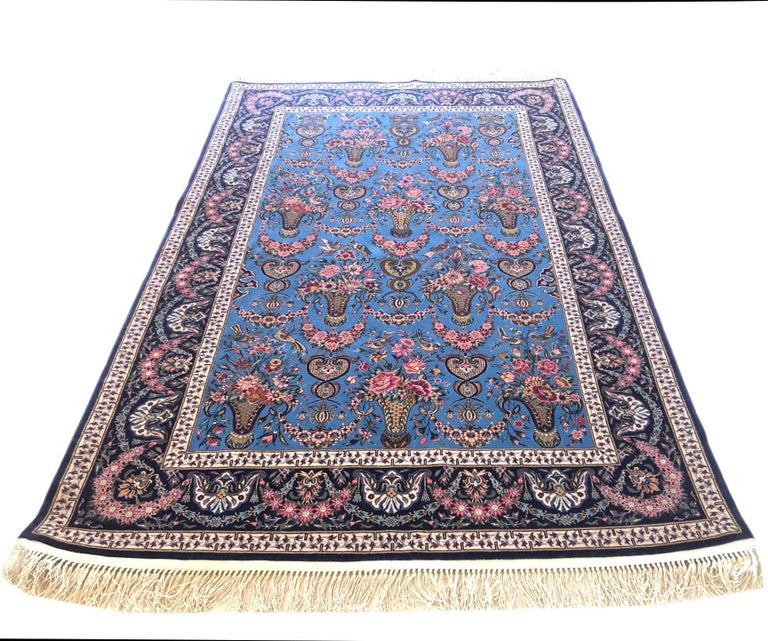 Persian Hand Knotted All-Over Vase Floral Blue Silk Isfahan New Rug For ...