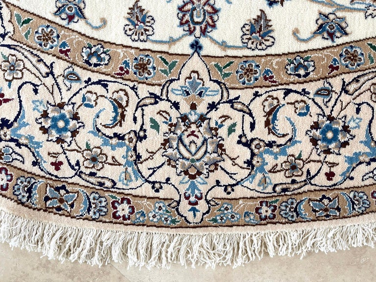 Persian Hand Knotted Medallion Floral Cream Blue Nain Round Rug For ...