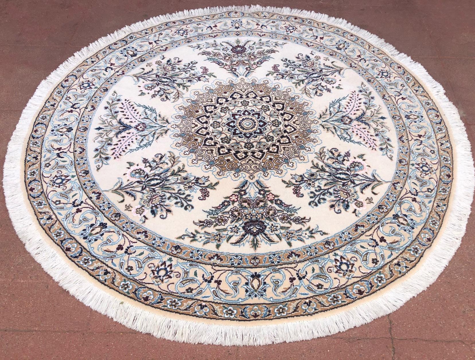 Persian Hand Knotted Medallion Floral Cream Blue Nain Round Rug For ...