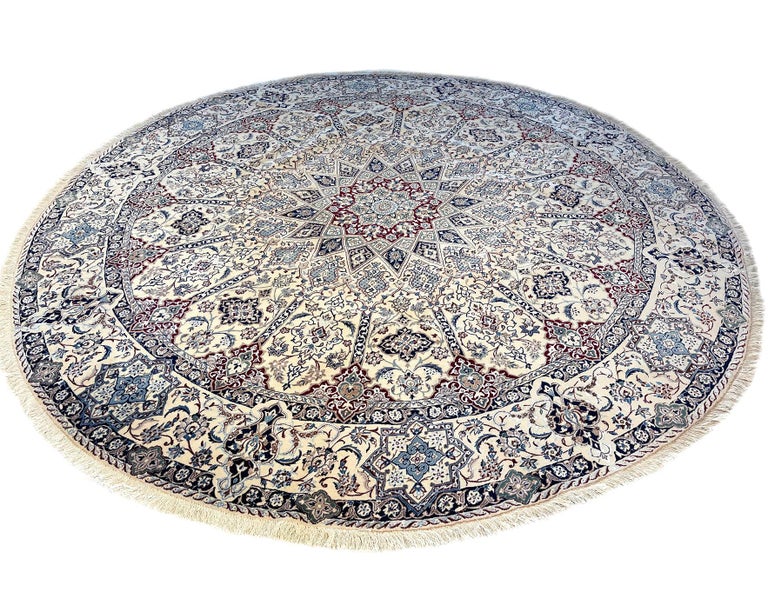 Persian Hand Knotted Medallion Floral Cream Blue Nain Round Rug For ...
