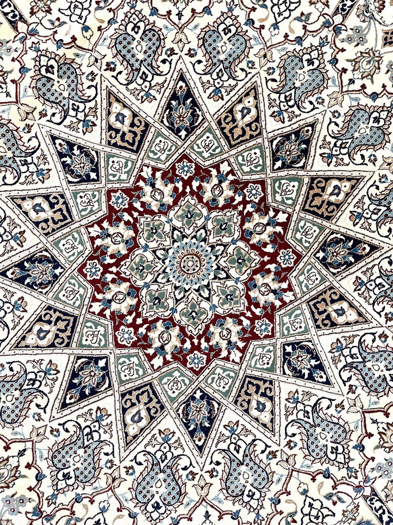 Persian Hand Knotted Medallion Floral Cream Blue Nain Round Rug For ...