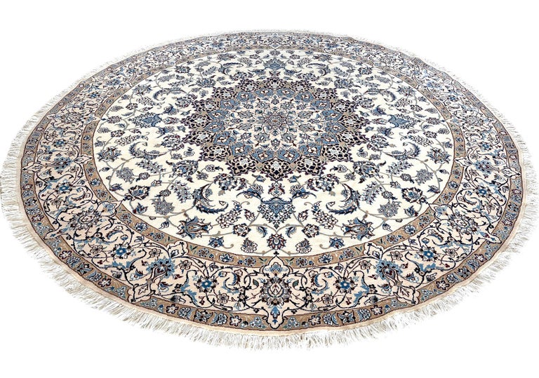 Persian Hand Knotted Medallion Floral Cream Blue Nain Round Rug For ...