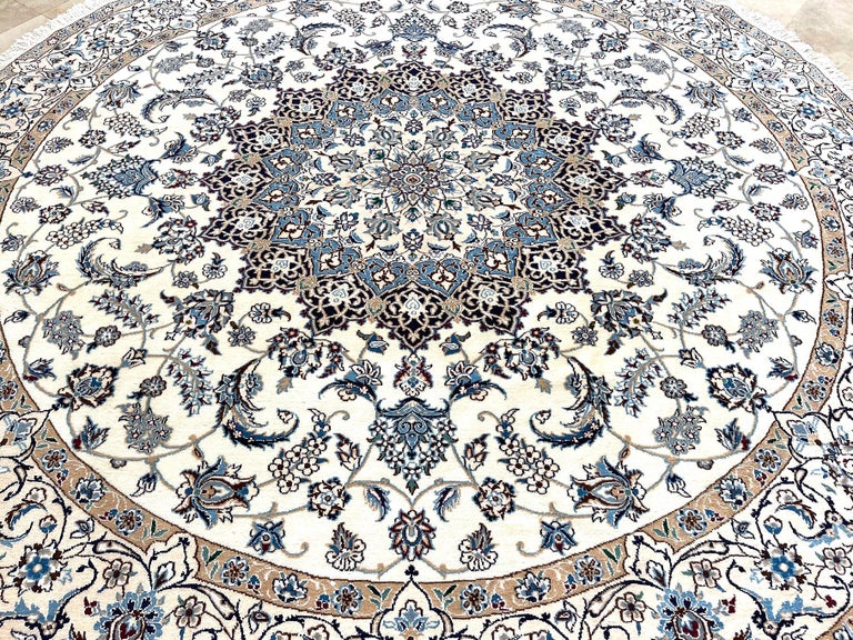 Persian Hand Knotted Medallion Floral Cream Blue Nain Round Rug For ...