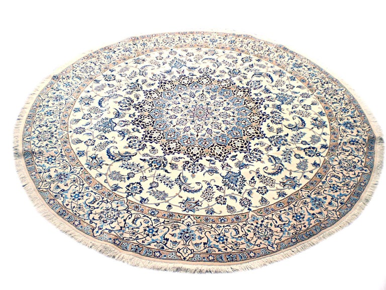 Persian Hand Knotted Medallion Floral Cream Blue Nain Round Rug For ...