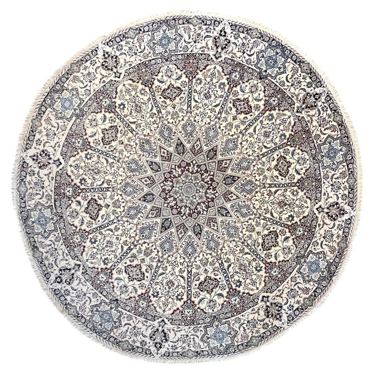 Persian Hand Knotted Medallion Floral Cream Blue Nain Round Rug For ...