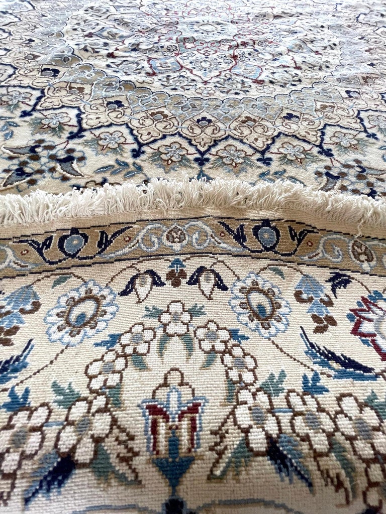 Persian Hand Knotted Medallion Floral Cream Blue Nain Rug 2000 Circa ...