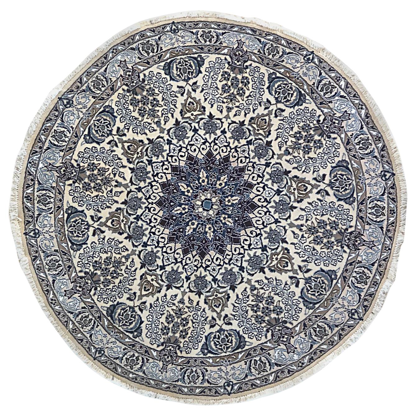 Persian Hand Knotted Medallion Floral Dark Blue Nain Rug, circa 1960s ...